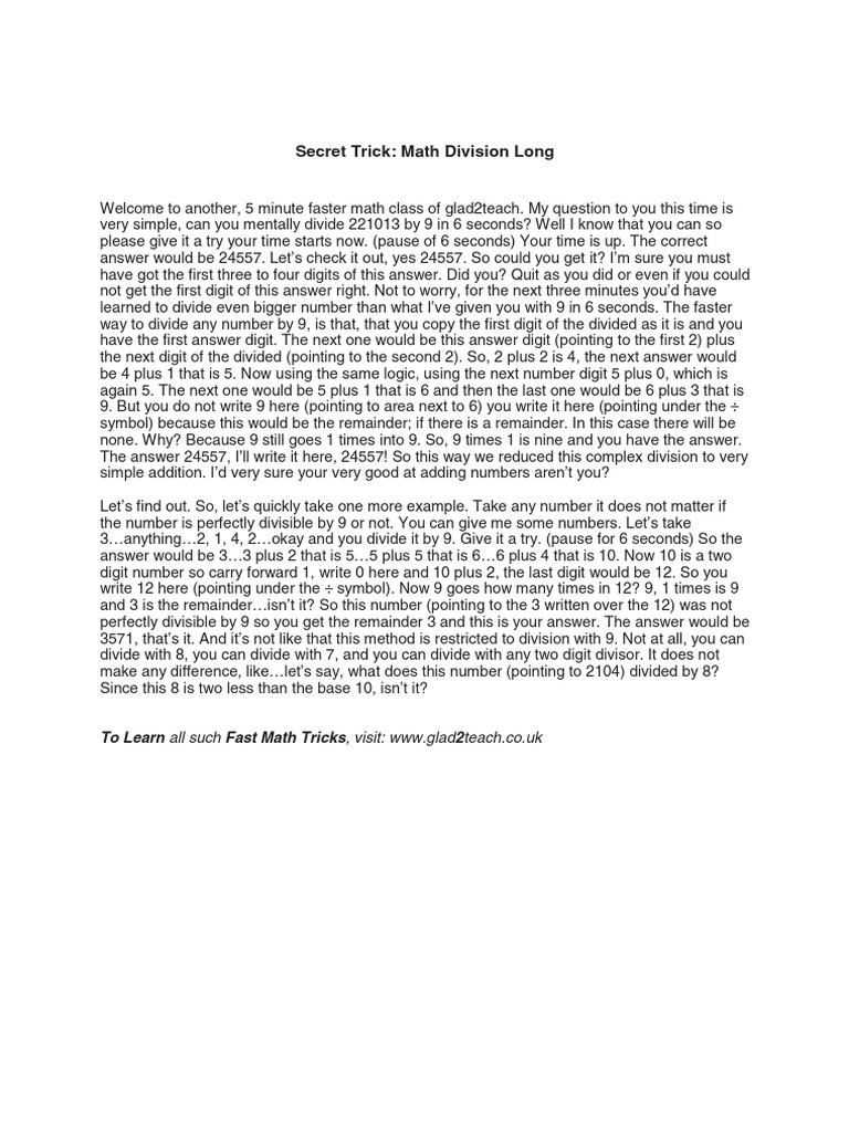 Secret Trick: Math Division Long: To Learn All Such Fast Math Tricks ...