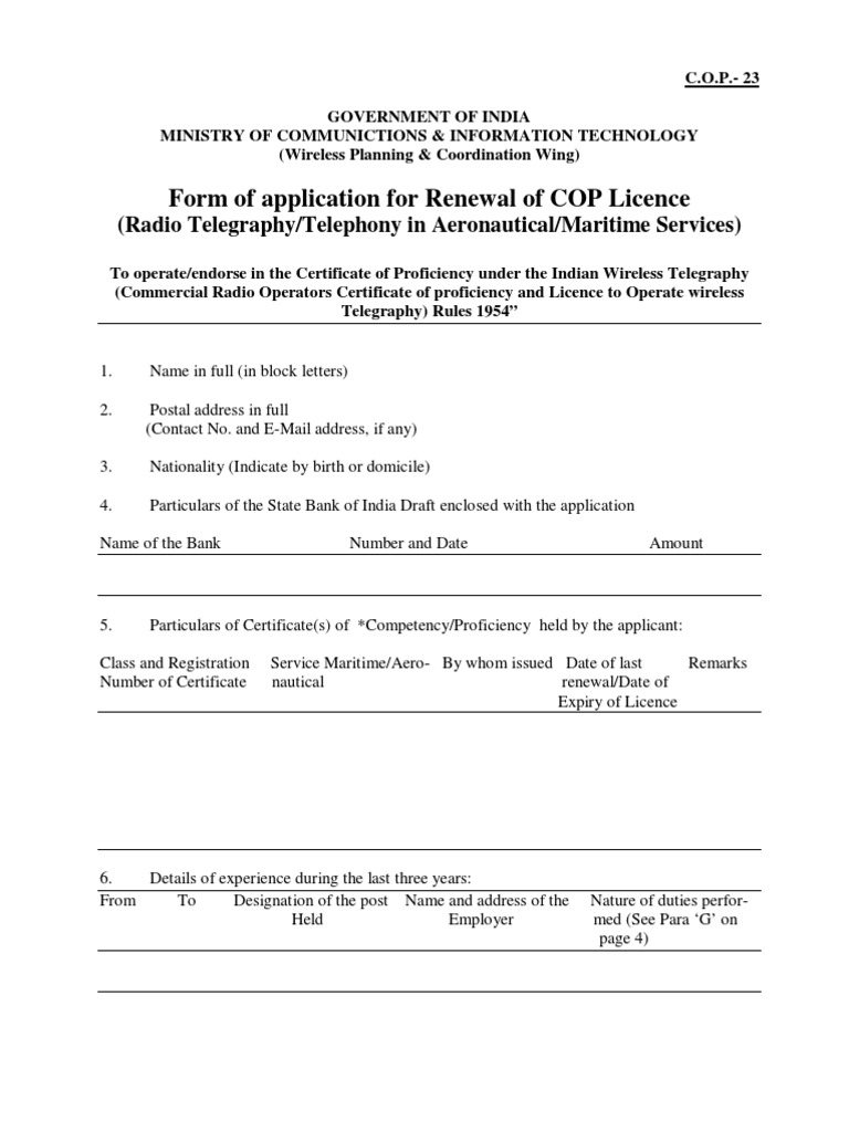 COP Licence Renewal Application Form | PDF