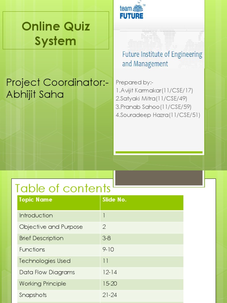 Online Quiz System: Project Coordinator:-Abhijit Saha | PDF | Databases | Server (Computing)