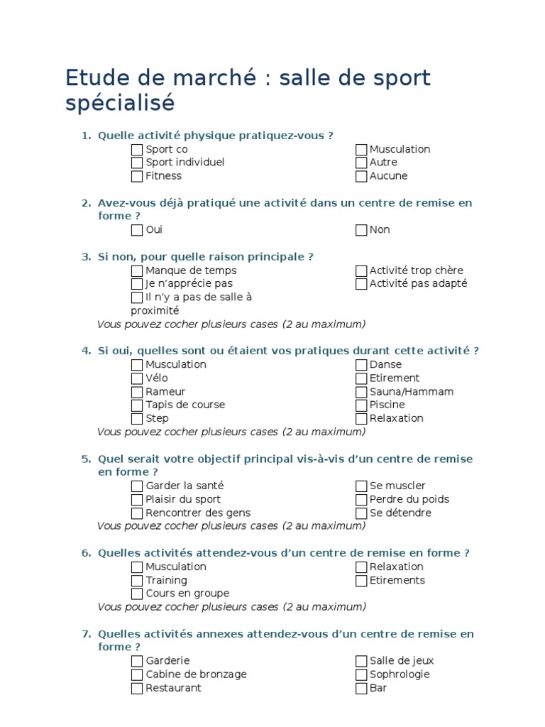 questionnaire salle de sport | Des sports | Musculation | Prueba ...