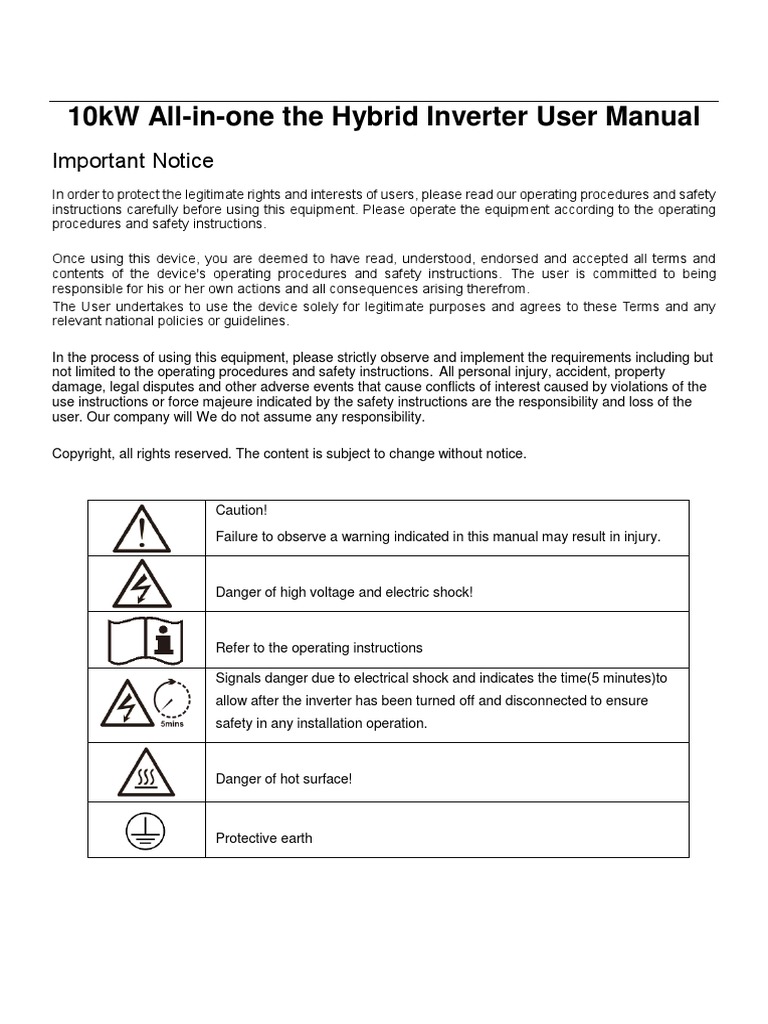10kW All-In-One The Hybrid Inverter User Manual: Important Notice | PDF ...