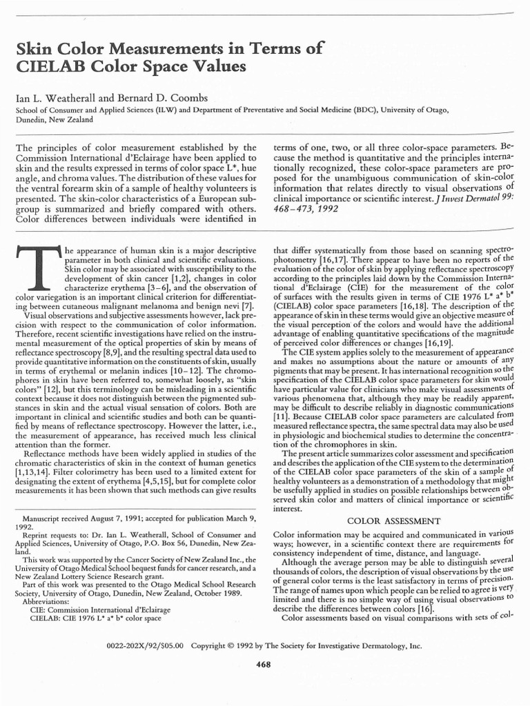 Skin Color Measurements in Terms of CIELAB Color Space Values | PDF ...