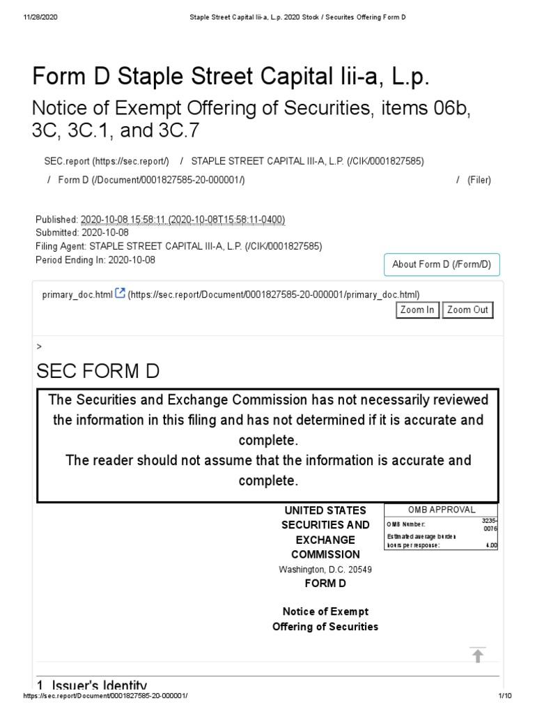 D&A: 08102020 Form D Staple Street Capital Notice of Exempt Offering ...
