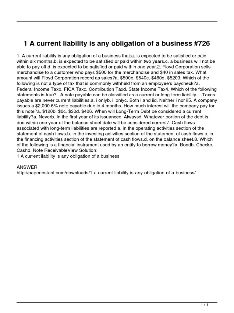 1 A Current Liability Is Any Obligation of A Business | PDF | Cash Flow ...