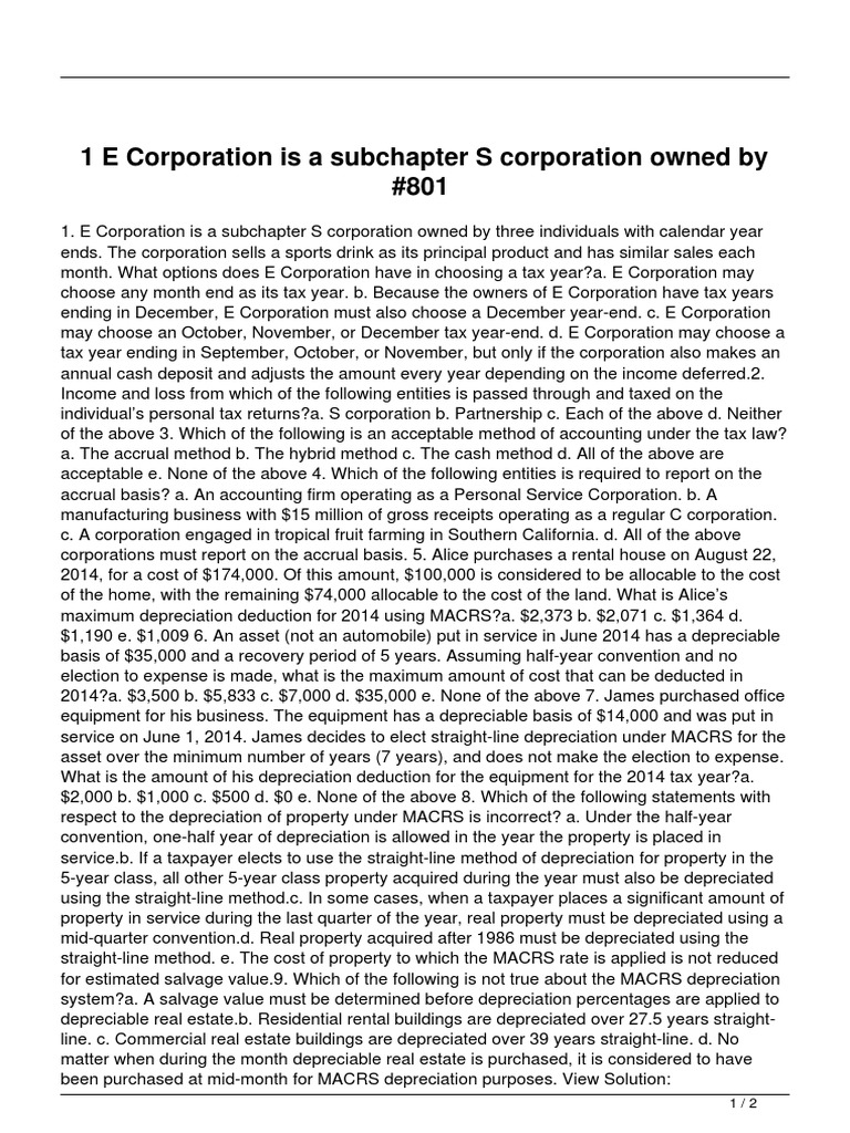 1 e Corporation Is A Subchapter S Corporation Owned by | PDF ...