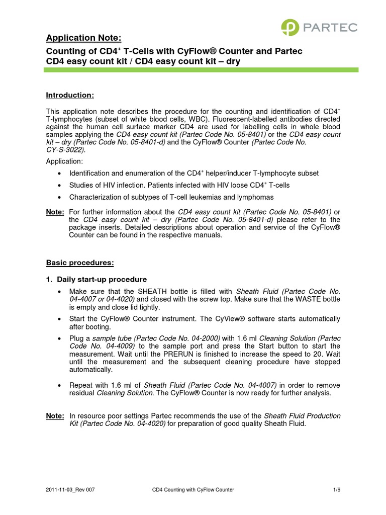 CD4 Counting With CyFlow Counter - 2011-11-03 - Rev007 | PDF | Cd4 | T Cell