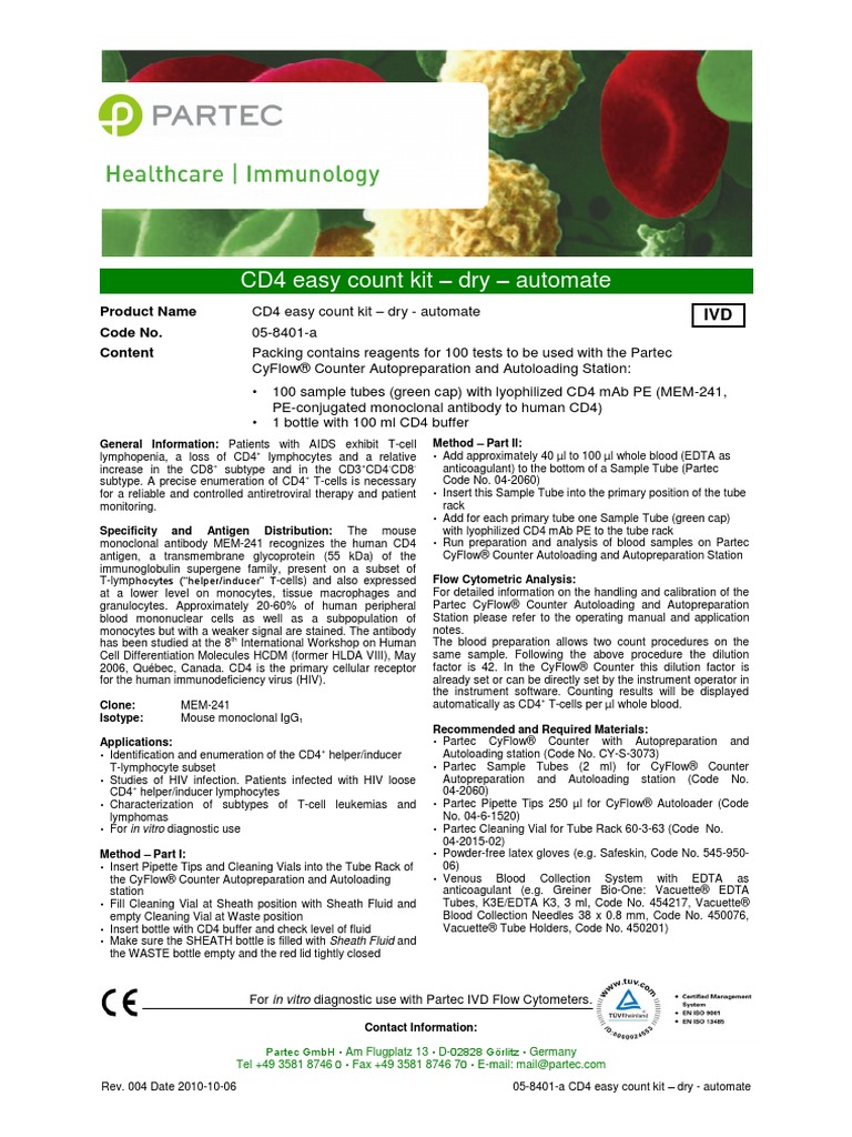 CD4 Easy Count Kit - Dry - Automate: IVD IVD | PDF | Cd4 | Monocyte