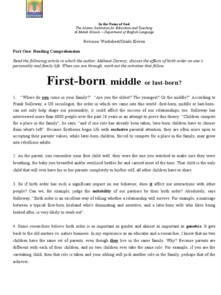 Worksheet Birth Order | PDF | Sibling | Interpersonal Relationships
