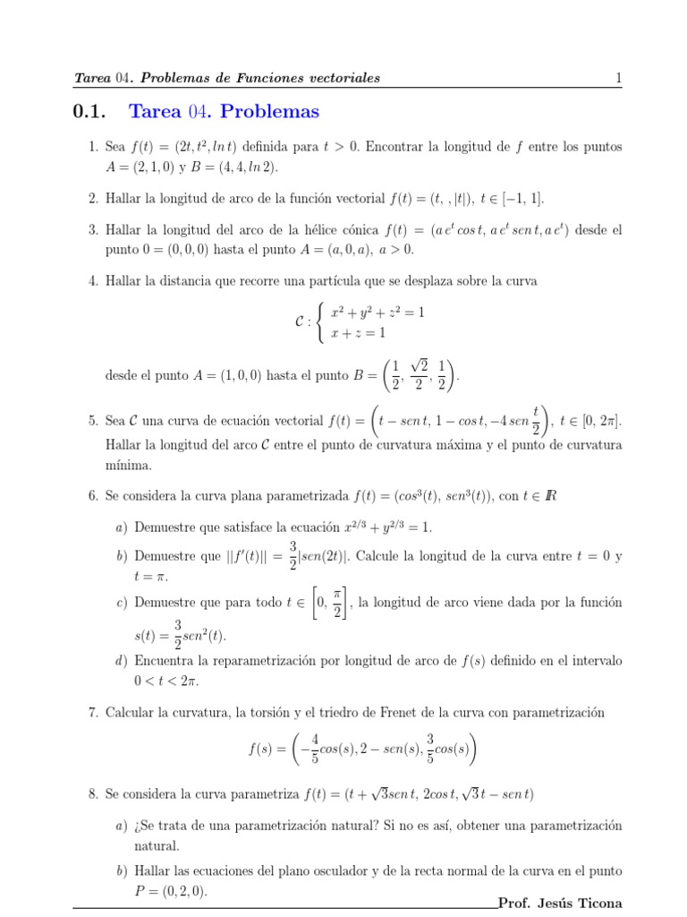 2020II 04 Tarea Funciones Vectoriales PDF | PDF | Curva | Geometria plana)
