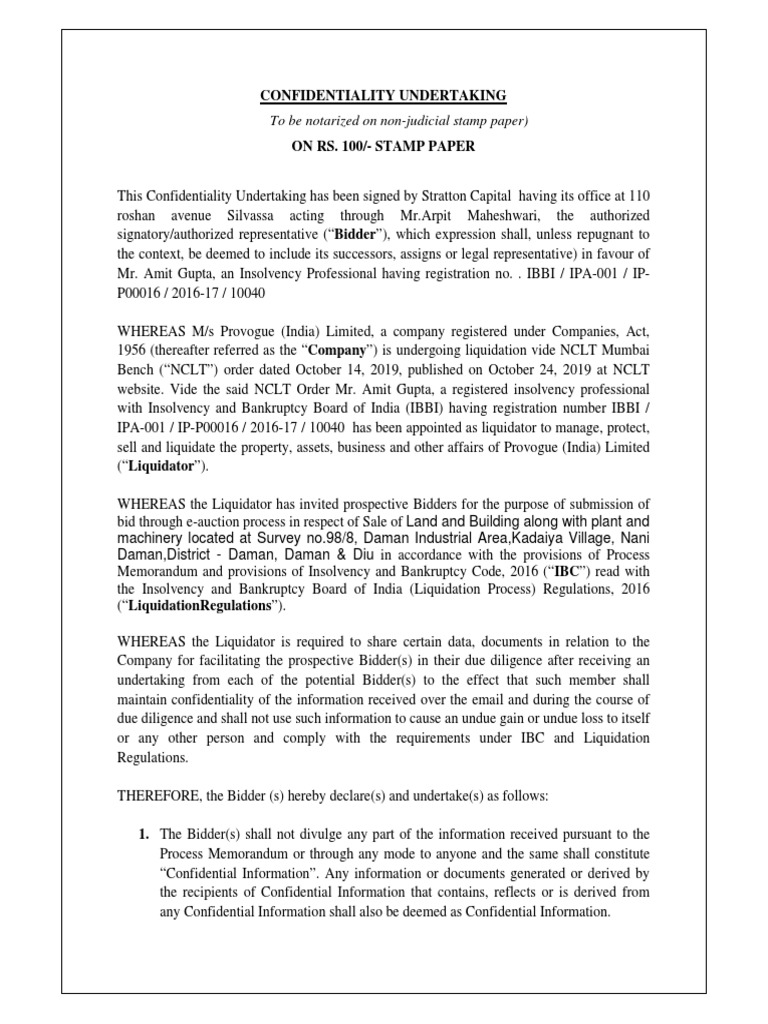 Confidentiality Undertaking for the Liquidation Process of Provogue (India) Limited | PDF ...