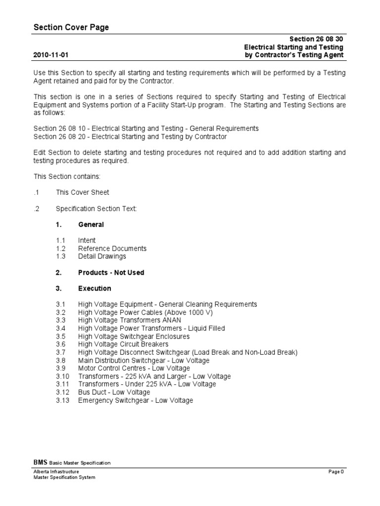 Section Cover Page: Section 26 08 30 Electrical Starting and Testing ...
