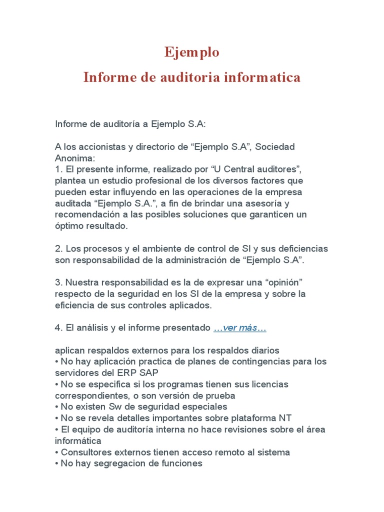 Ejemplo de Auditoría Informática | PDF