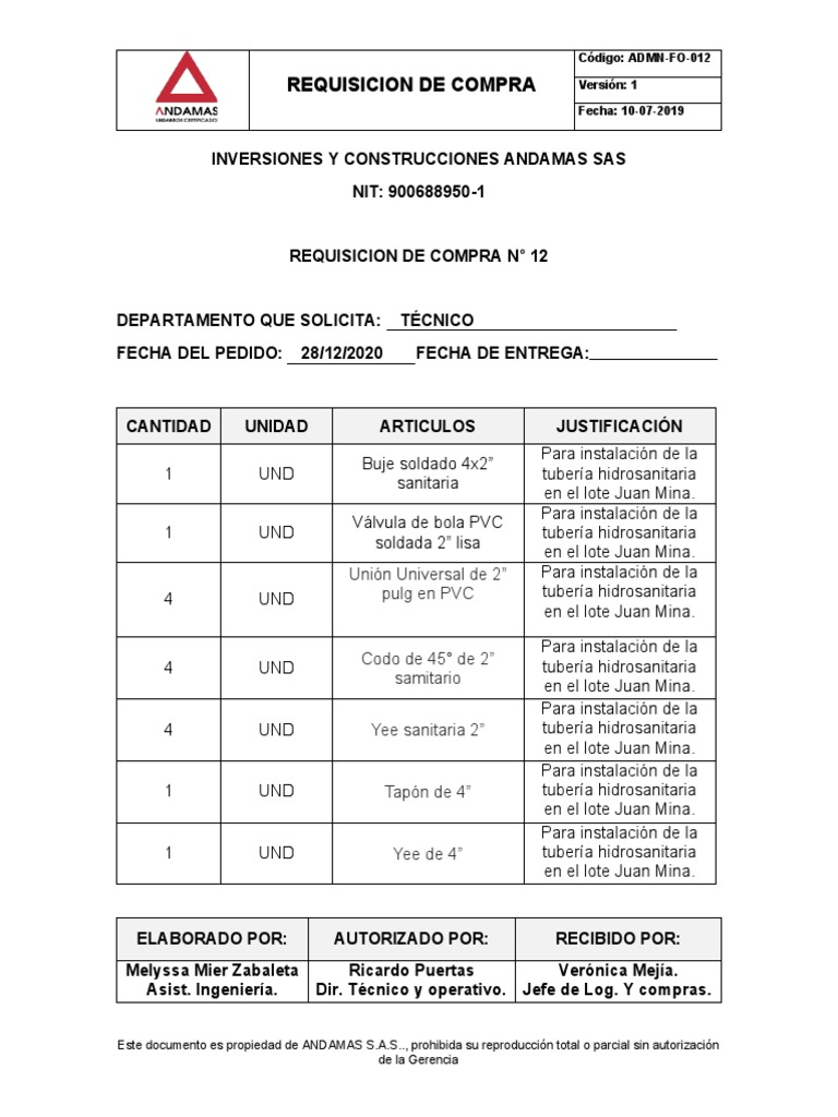 Requisicion de Compra N 12 | PDF | Equipo | Ingeniería mecánica