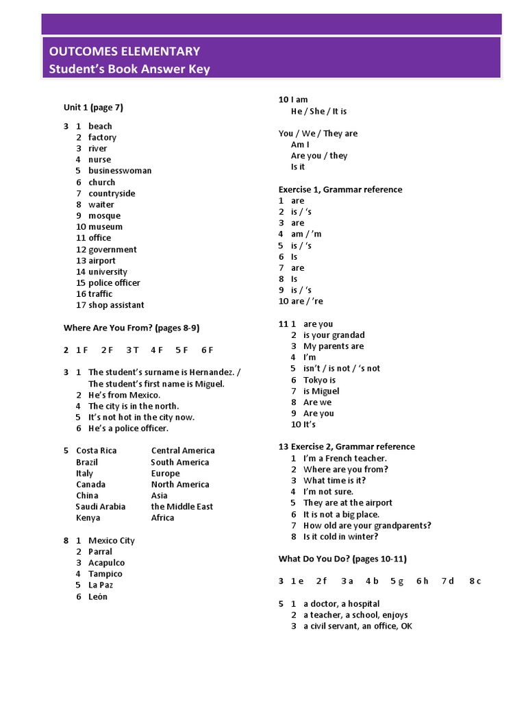 Outcomes Elementary Student's Book Answer Key | PDF | Plural | Noun