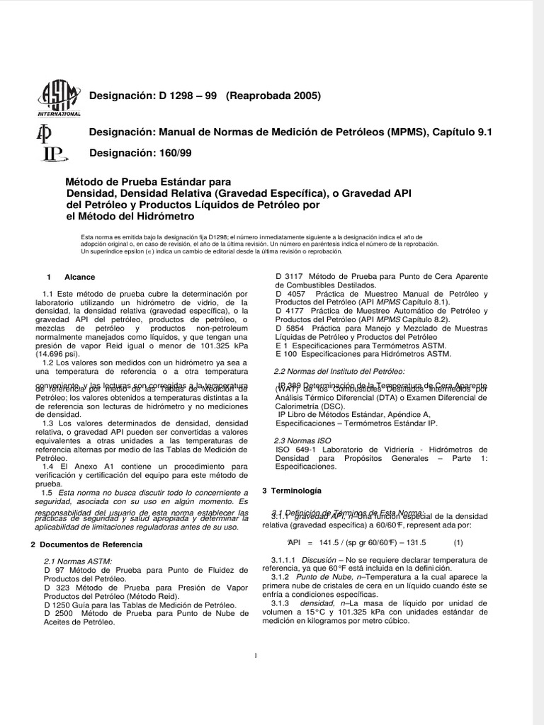 ASTM D-1298: Densidad y Gravedad API | PDF | Densidad | Temperatura