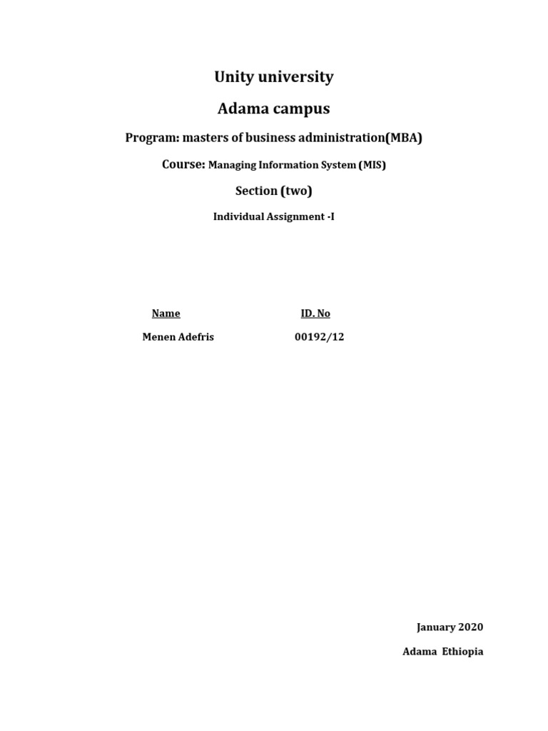 Unity University Adama Campus: Program: Masters of Business ...