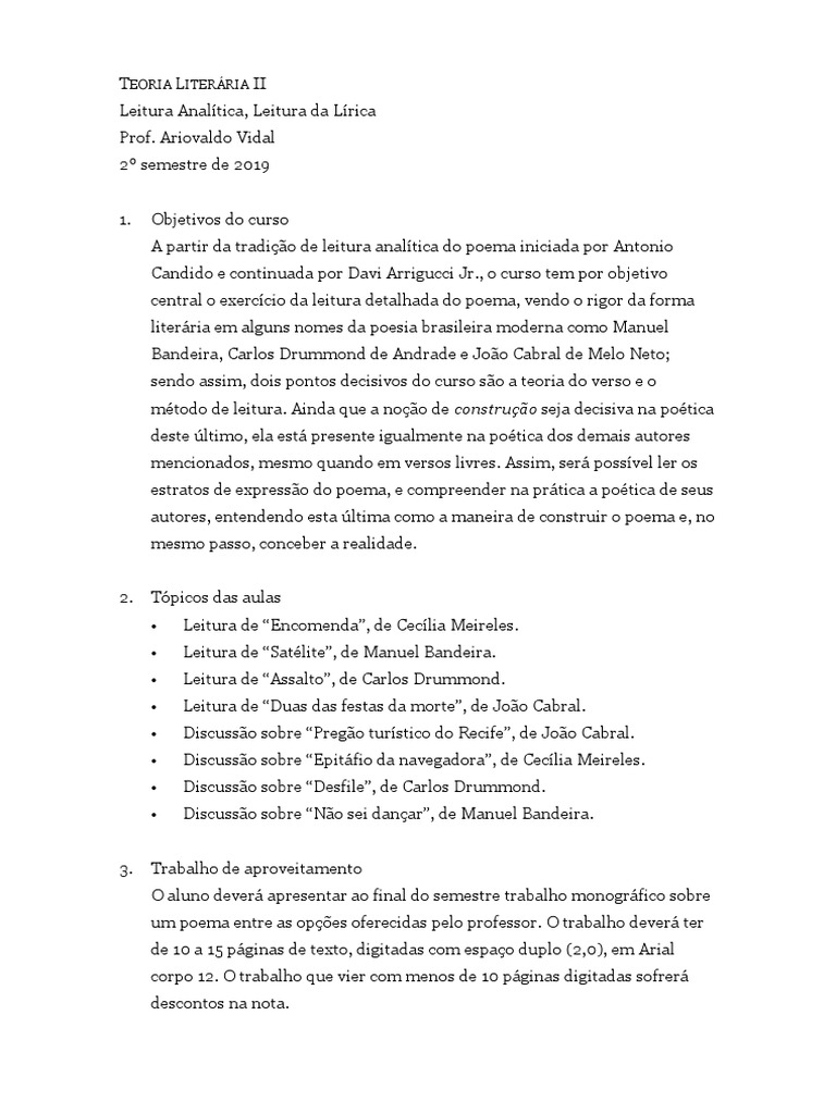 Teoria II Programa Do Curso | PDF | Poesia