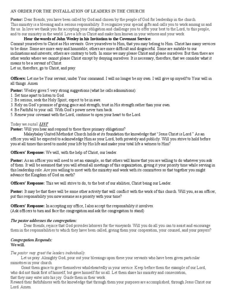 An Order For The Installation or Recognition of Leaders in The Church ...