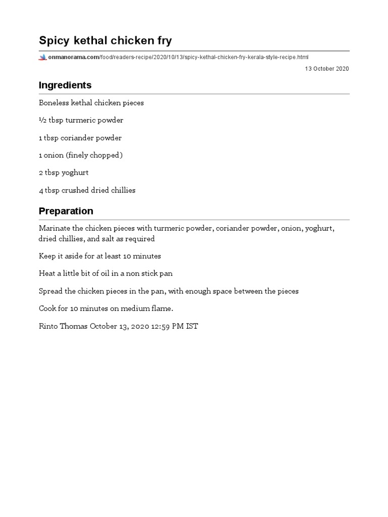 Spicy Kethal Chicken Fry - Recipe - Food - Manorama English PDF | PDF