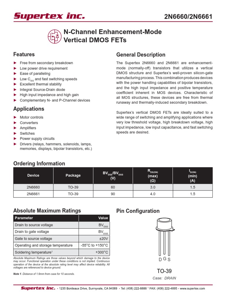 2N6660/2N6661 N-Channel Enhancement-Mode Vertical Dmos Fets: Features ...