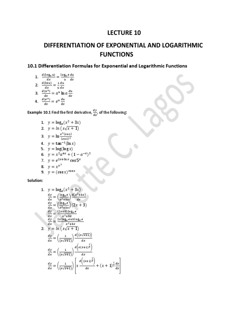 Lecture 10 Differentiation of Exponential and Logarithmic Functions | PDF | Combinatorics | Numbers