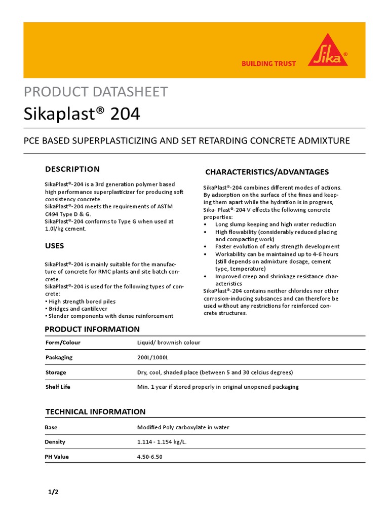 Sikaplast® 204: Product Datasheet | PDF | Concrete | Cement