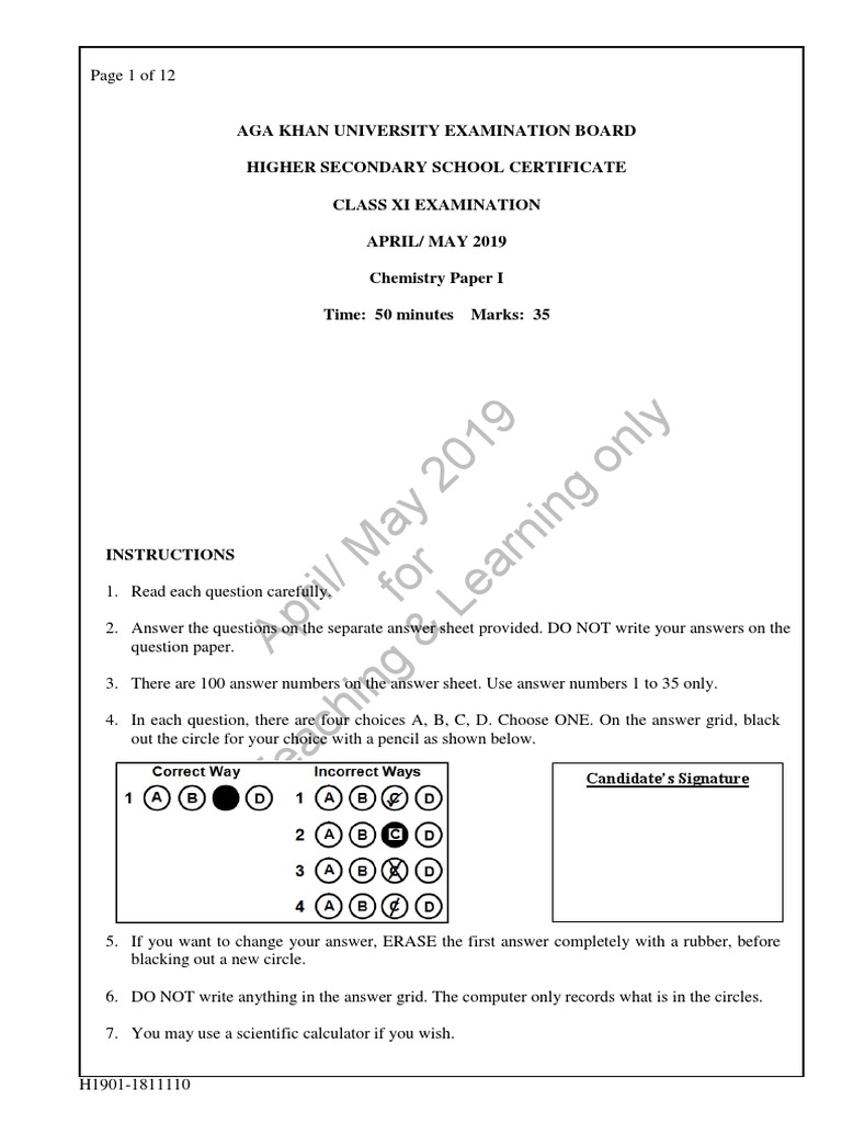 Chemistry HSSC I Paper I (2019) | PDF | Solution | Reaction Rate
