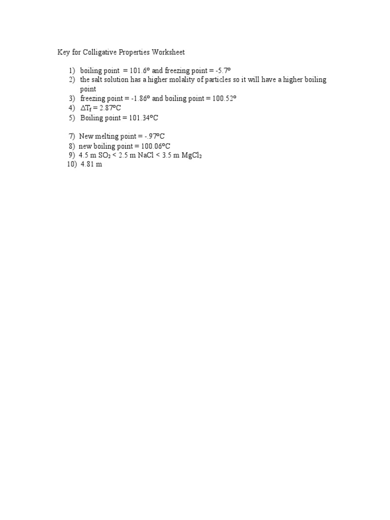 Key For Colligative Properties Worksheet | PDF