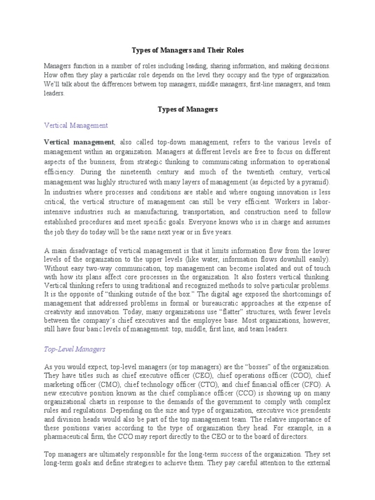 Types of Managers and Their Roles | PDF | Top Down And Bottom Up Design ...