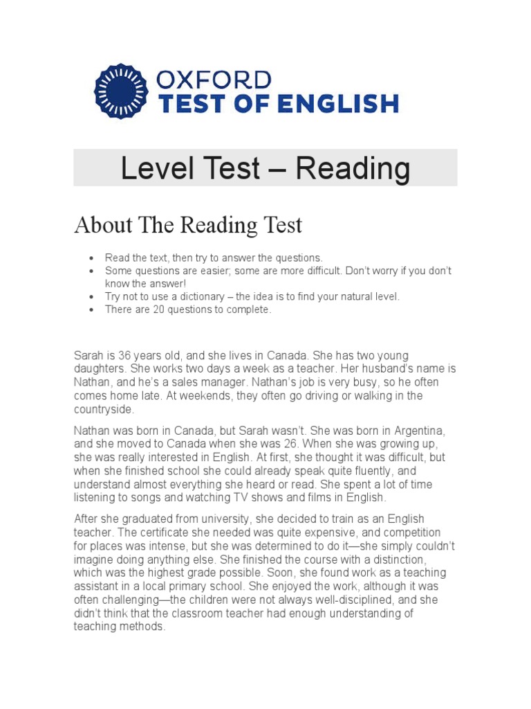Oxford Test - Reading | Download Free PDF | Teachers