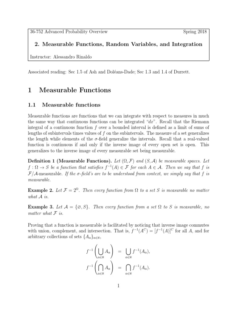 Measurable Functions, Random Variables, and Integration | PDF | Lebesgue Integration | Expected ...