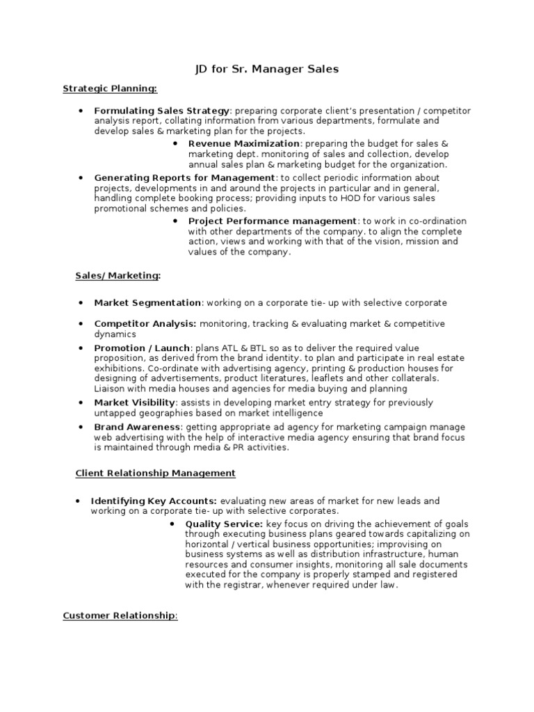 JD For SR Manager Sales | PDF | Sales | Brand