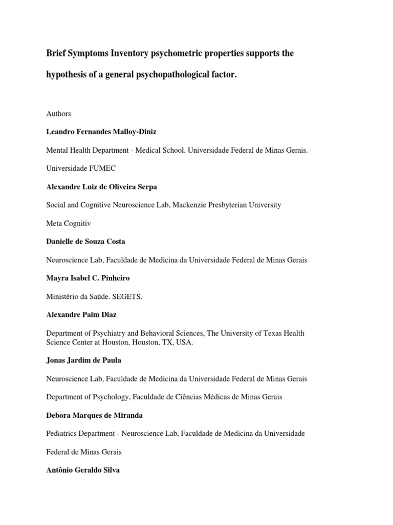 Brief Symptoms Inventory Psychometric Properties | Download Free PDF ...