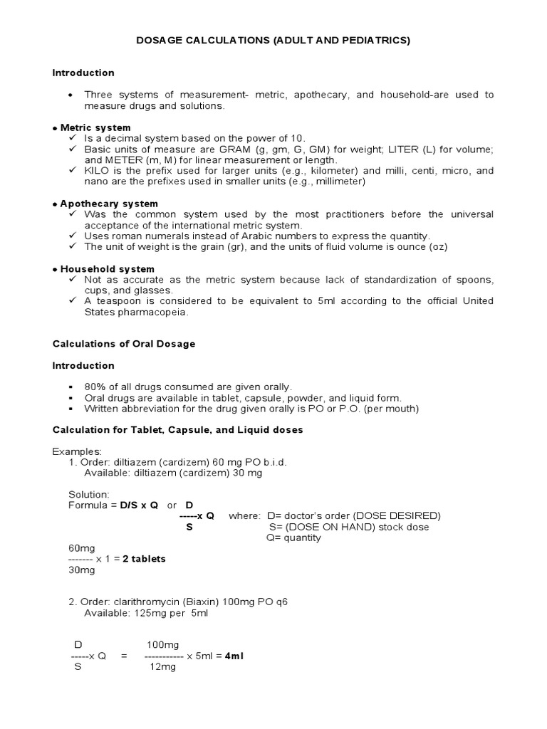 Dosage Calculations (Adult and Pediatrics) | Download Free PDF | Dose ...