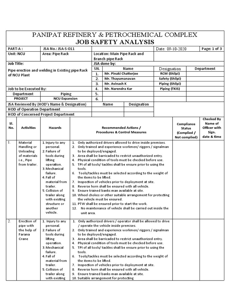 12-JSA Pipe Erection Work - Existing Pipe Rack | PDF | Safety | Nature