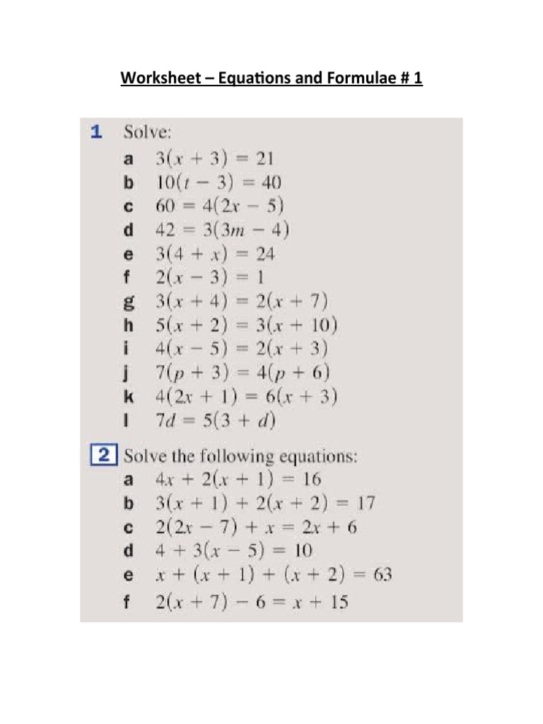 Worksheet - Equations and Formulae # 1 | PDF