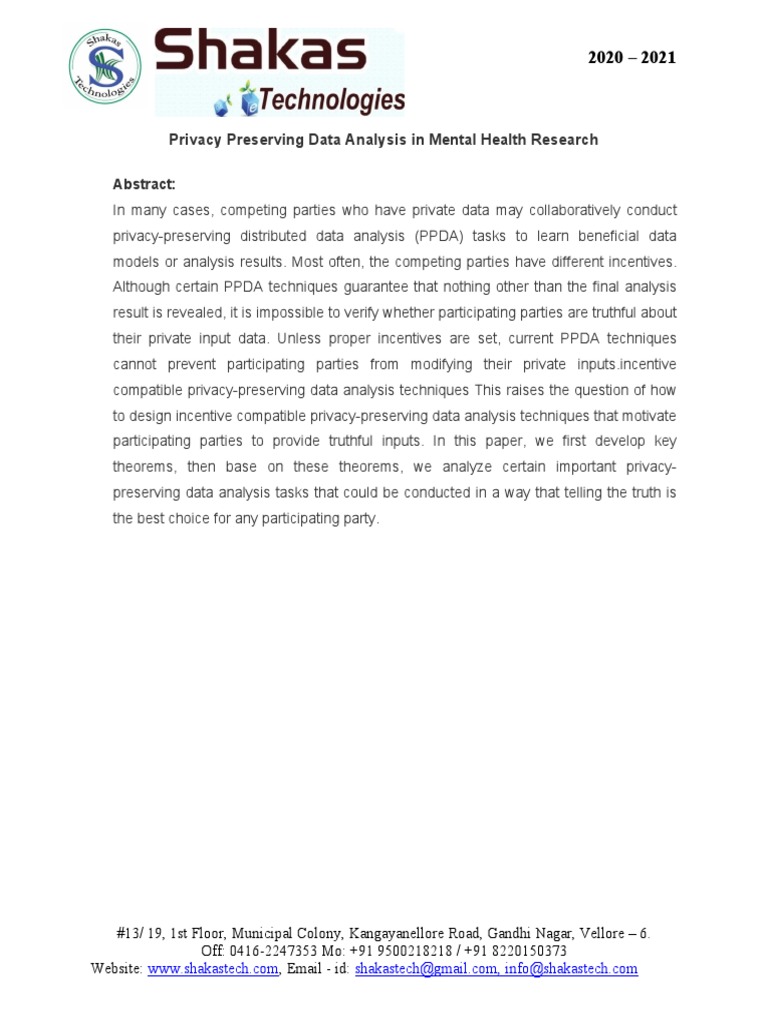 Privacy Preserving Data Analysis in Mental Health Research | PDF