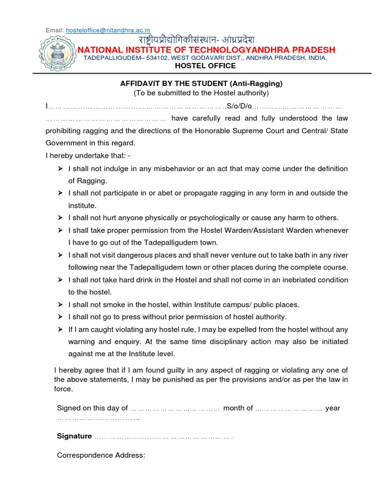 National Institute of Technologyandhra Pradesh: Hostel Office Affidavit ...
