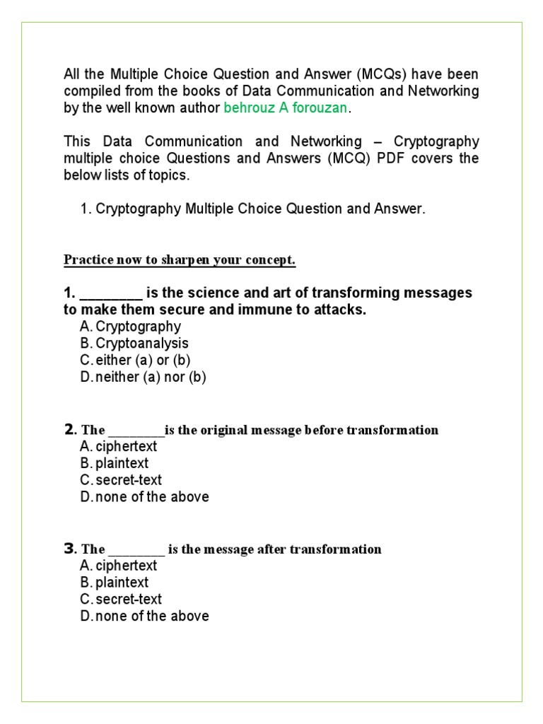 CH 30 Cryptography Multiple Choice Questions and Answers PDF | PDF | Cipher | Cryptography