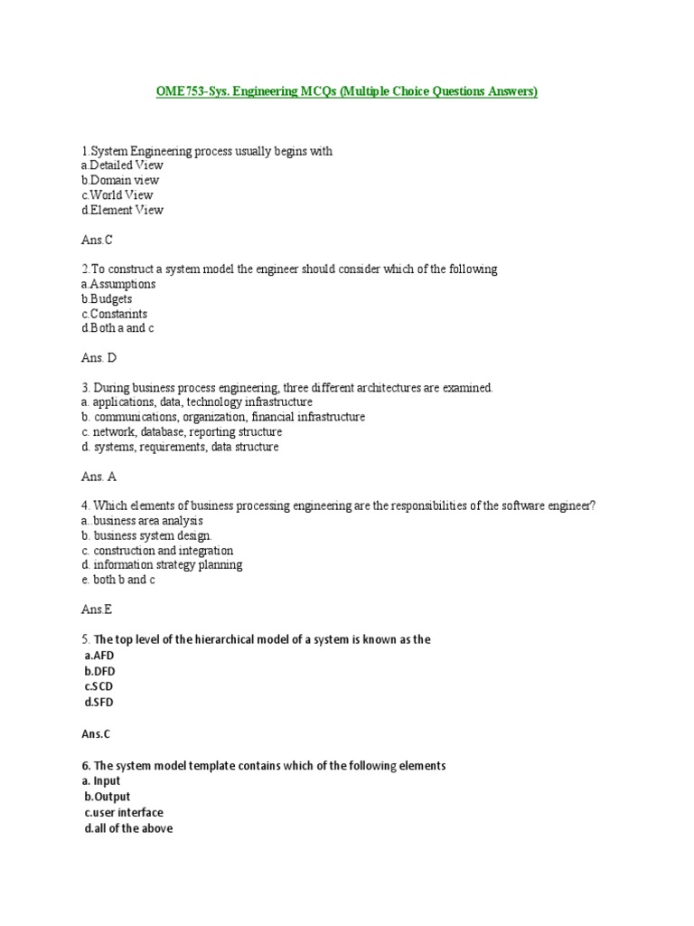 Ome753-Sys. Engineering Mcqs (Multiple Choice Questions Answers) | PDF ...