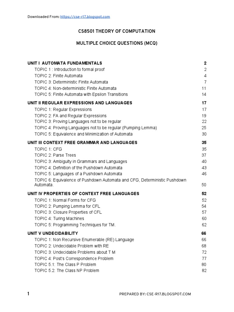 Theory of Computation MCQ PDF | PDF | Regular Expression | Theory Of Computation