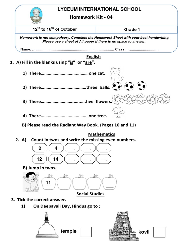 LYCEUM INTERNATIONAL SCHOOL Grade 1 Homework Kit - 04 | PDF
