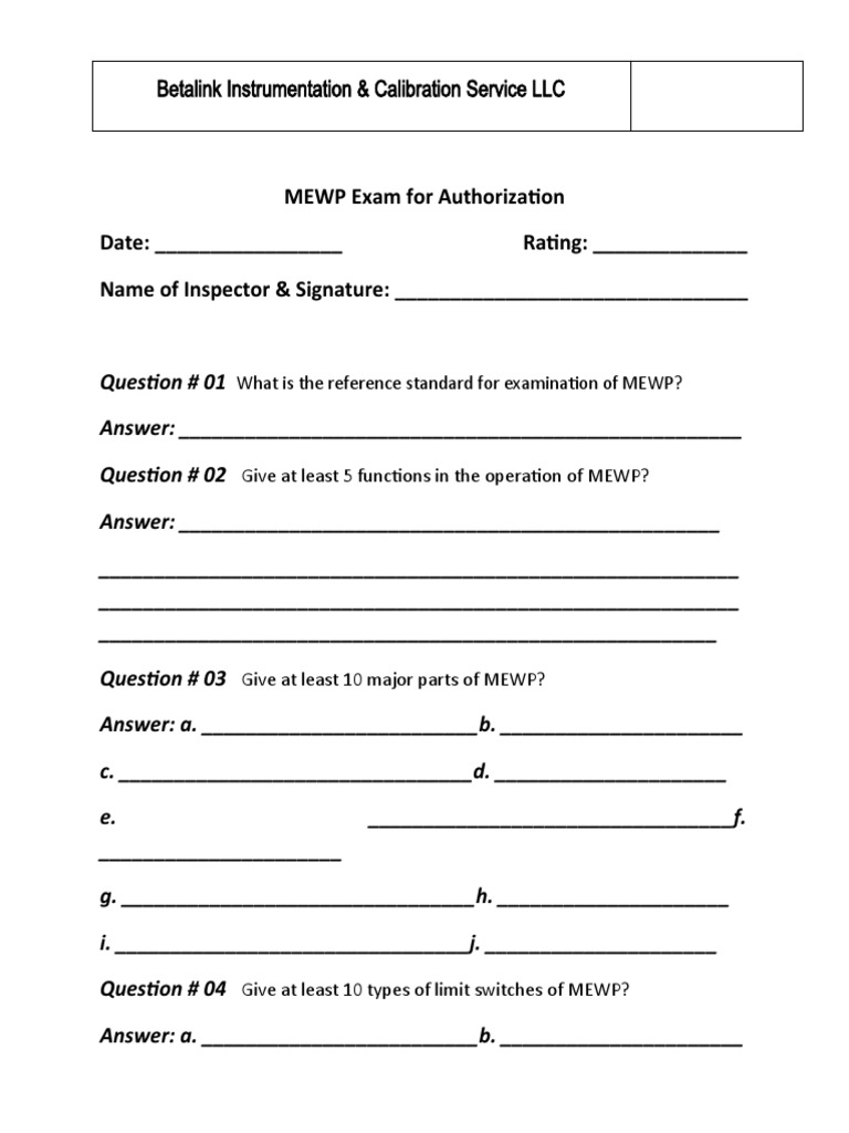 MEWP Exam For Authorization Date: - Rating: - Name of Inspector ...