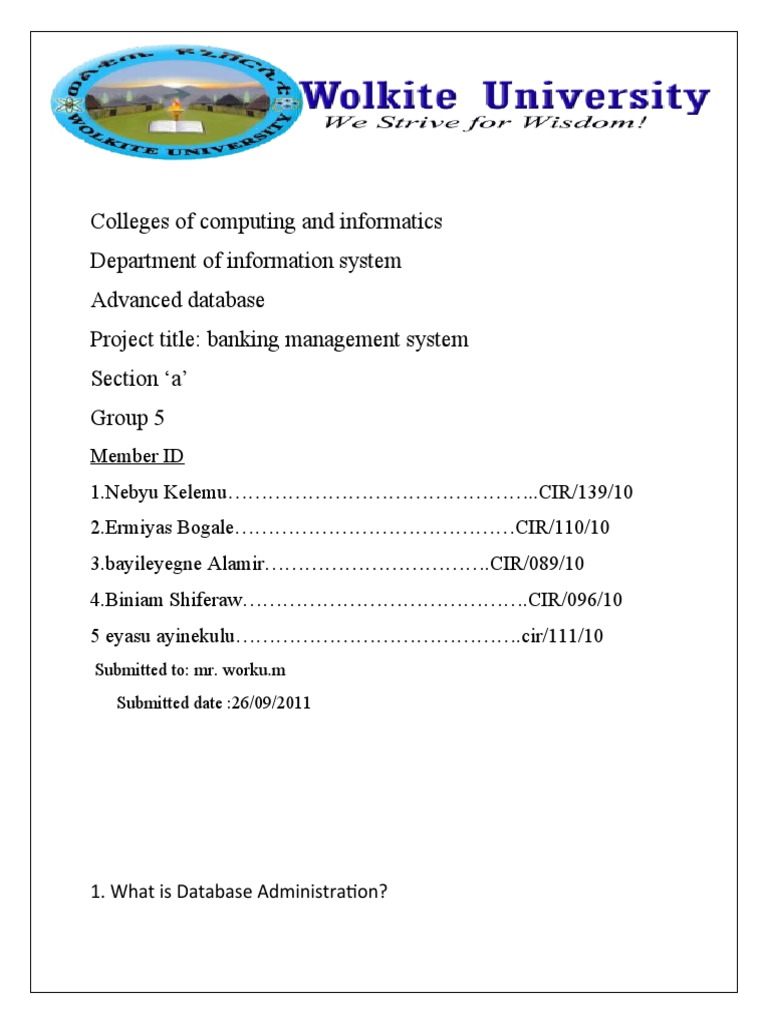 Colleges of Computing and Informatics Department of Information System Advanced Database Project ...