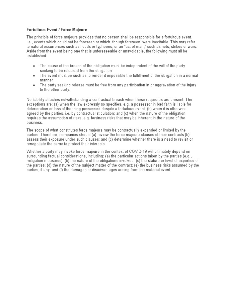 Fortuitous Event Force Majeure Pdf