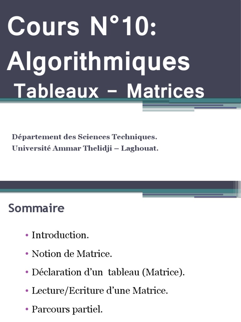 Cours N°10: Algorithmiques: Tableaux - Matrices | PDF | Matrice (Mathématiques) | Objets ...