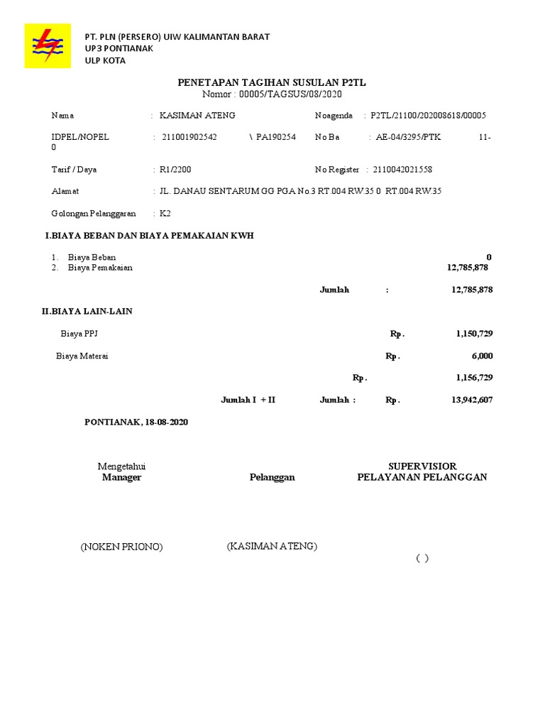 Penetapan Tagihan Susulan P2Tl: Pt. PLN (Persero) Uiw Kalimantan Barat ...