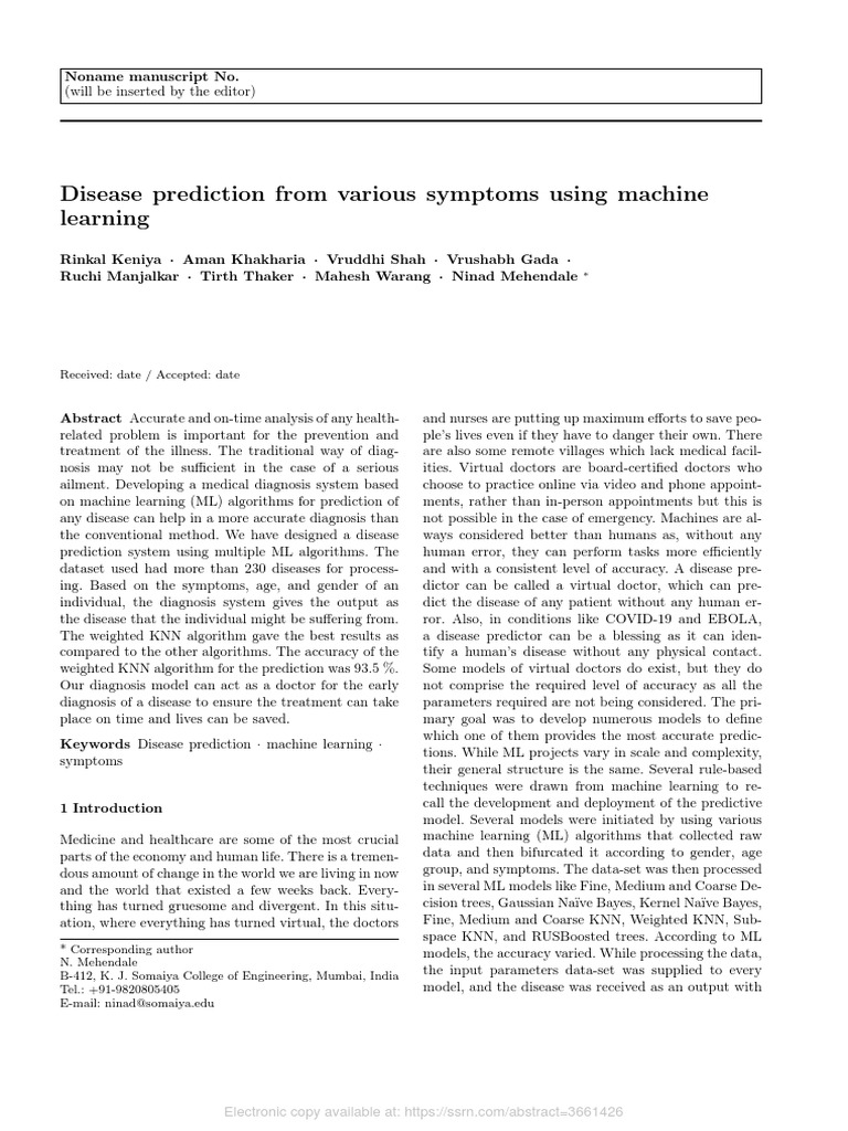 Disease Prediction From Various Symptoms Using Machine Learning | PDF ...