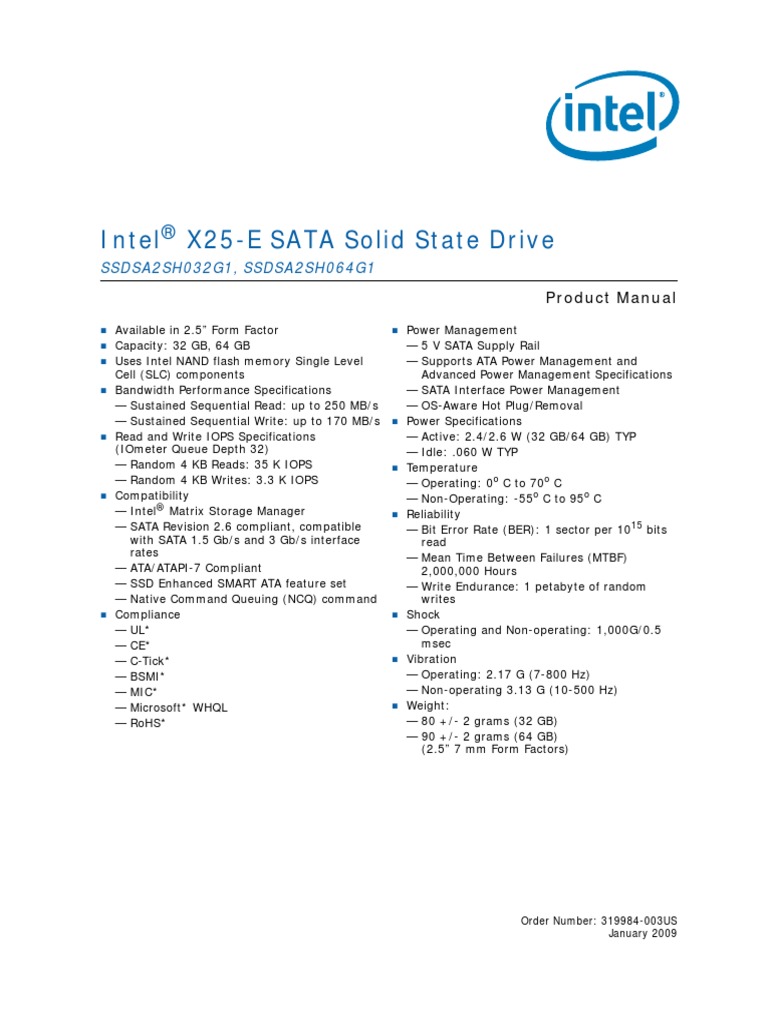 Intel X25-E SATA Solid State Drive: SSDSA2SH032G1, SSDSA2SH064G1 | PDF | Solid State Drive ...