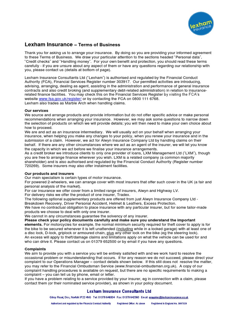 Lexham Insurance: - Terms of Business | PDF | Vehicle Insurance | Insurance